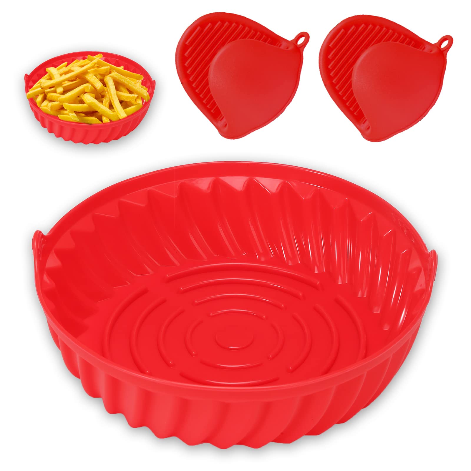 Air Fryer Silicone Liners - 8.6inch Reusable Silicone Air Fryer Liners,With Heat-resistant Gloves,Baking Food Safe For 3.5-7QT Air Fryer Basket,Easy Clean-up(Red)