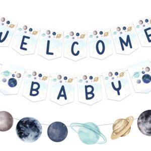 Fangleland Outer Space Baby Shower Banner Garland for Boy, Universe Welcome Baby Banner Decor for Galaxy Planet Themed Party Supplies