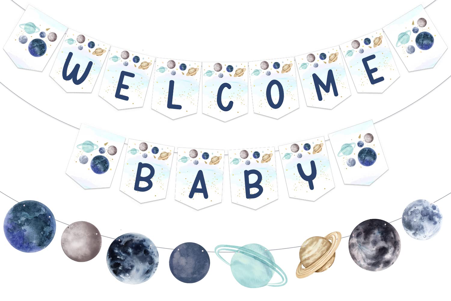 Fangleland Outer Space Baby Shower Banner Garland for Boy, Universe Welcome Baby Banner Decor for Galaxy Planet Themed Party Supplies