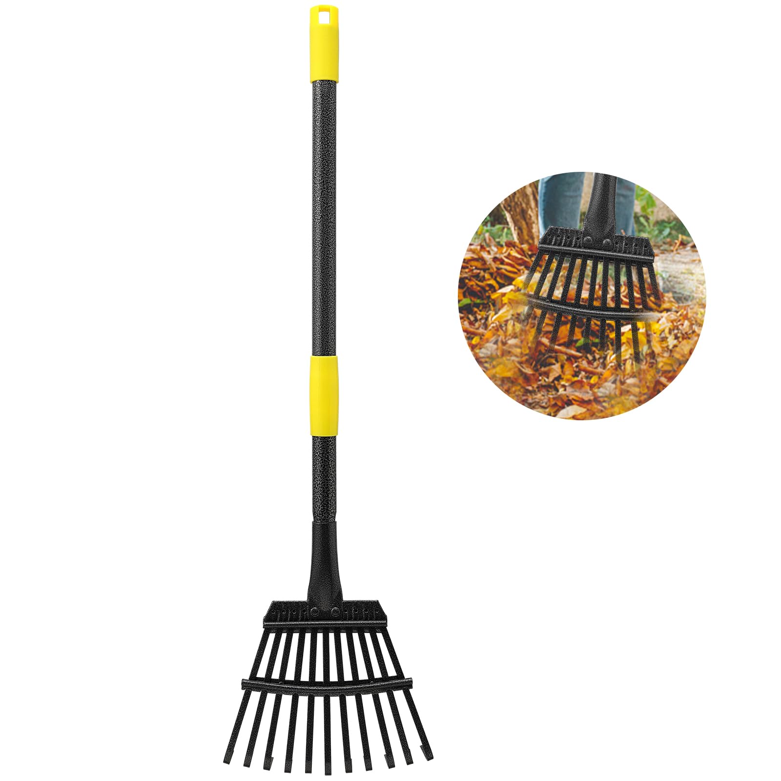 Oliynedy Leaf Rake for Gardening, Adjustable Metal Garden Rake for Leaves Long Handle 30-60", 11 Tines 9" Wide Small Lawn Collapsible Yard Adult Kids Rake for Camping Flower Beds Mulch Shrub