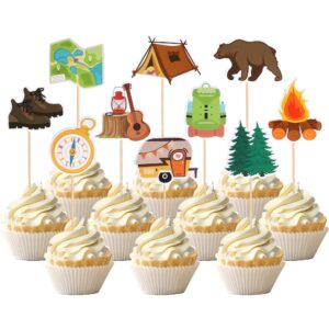 30 pcs camper themed cupcake toppers tree bear tent bonfire guitar cupcake picks happy camping cake decorations for weekend outdoor bbq camper woodland lumberjack theme birthday party supplies