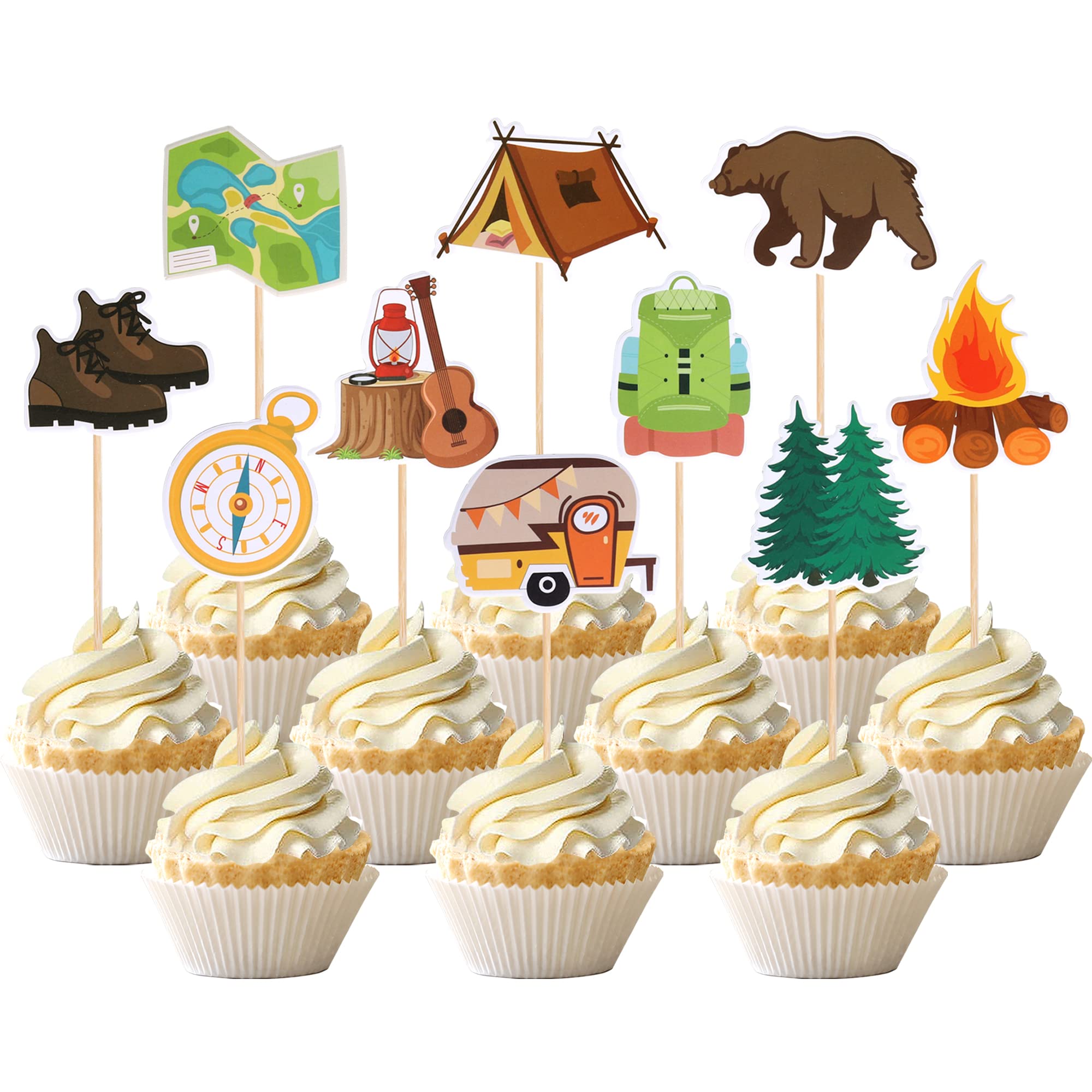 30 PCS Camper Themed Cupcake Toppers Tree Bear Tent Bonfire Guitar Cupcake Picks Happy Camping Cake Decorations for Weekend Outdoor BBQ Camper Woodland Lumberjack Theme Birthday Party Supplies