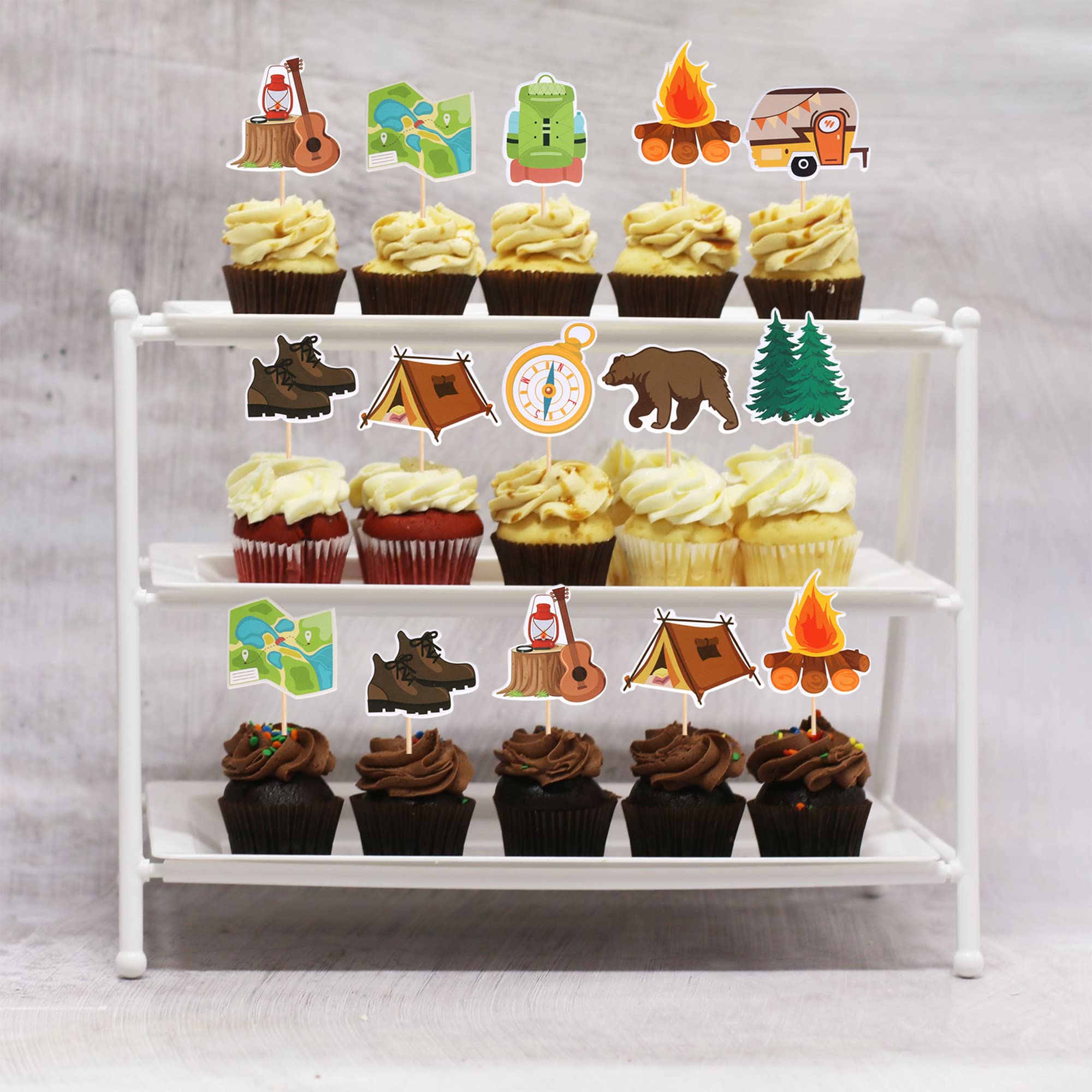 30 PCS Camper Themed Cupcake Toppers Tree Bear Tent Bonfire Guitar Cupcake Picks Happy Camping Cake Decorations for Weekend Outdoor BBQ Camper Woodland Lumberjack Theme Birthday Party Supplies