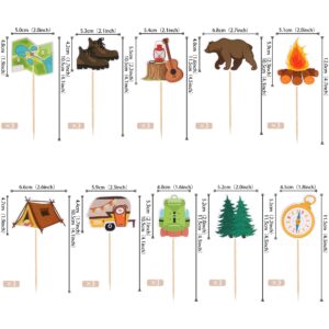 30 PCS Camper Themed Cupcake Toppers Tree Bear Tent Bonfire Guitar Cupcake Picks Happy Camping Cake Decorations for Weekend Outdoor BBQ Camper Woodland Lumberjack Theme Birthday Party Supplies