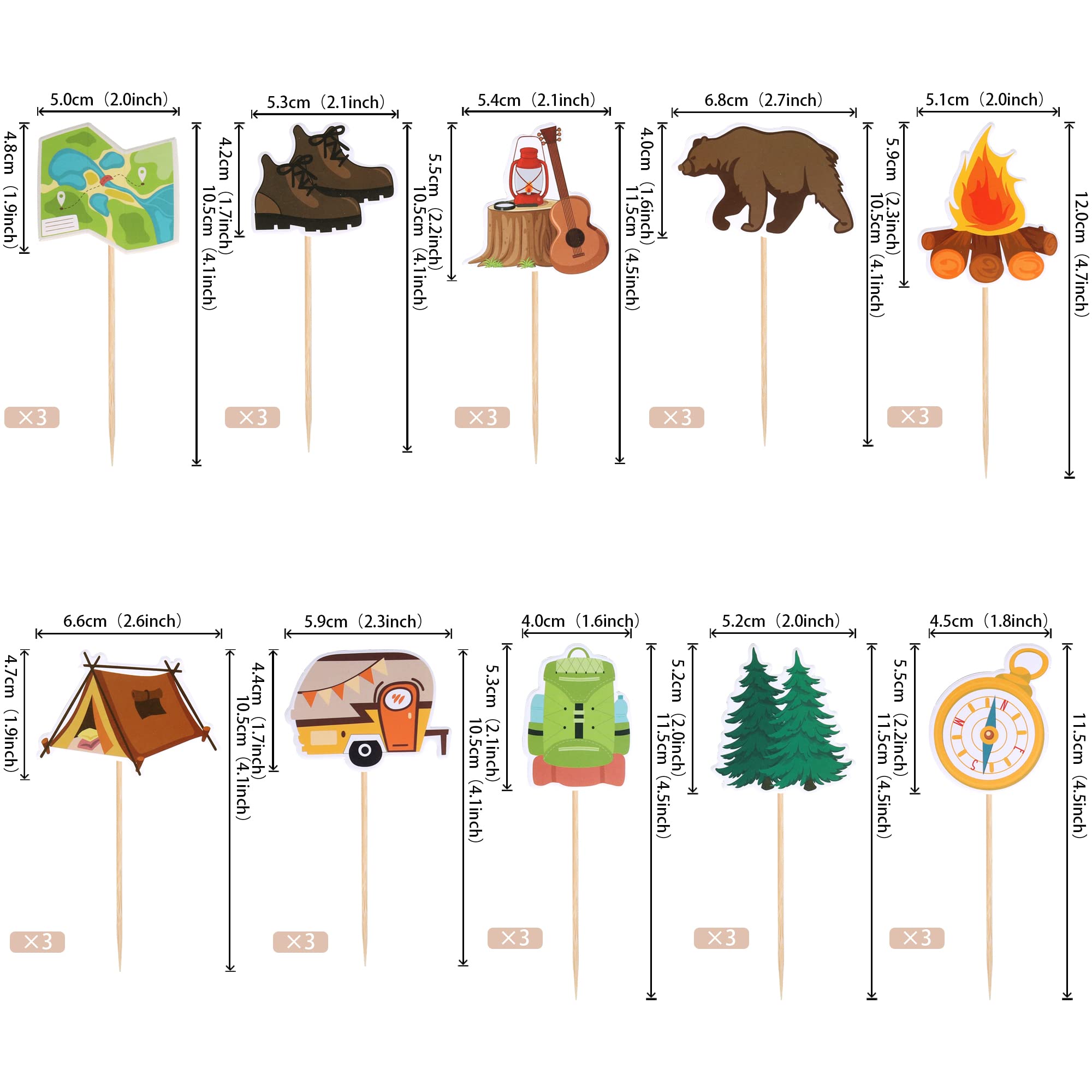 30 PCS Camper Themed Cupcake Toppers Tree Bear Tent Bonfire Guitar Cupcake Picks Happy Camping Cake Decorations for Weekend Outdoor BBQ Camper Woodland Lumberjack Theme Birthday Party Supplies