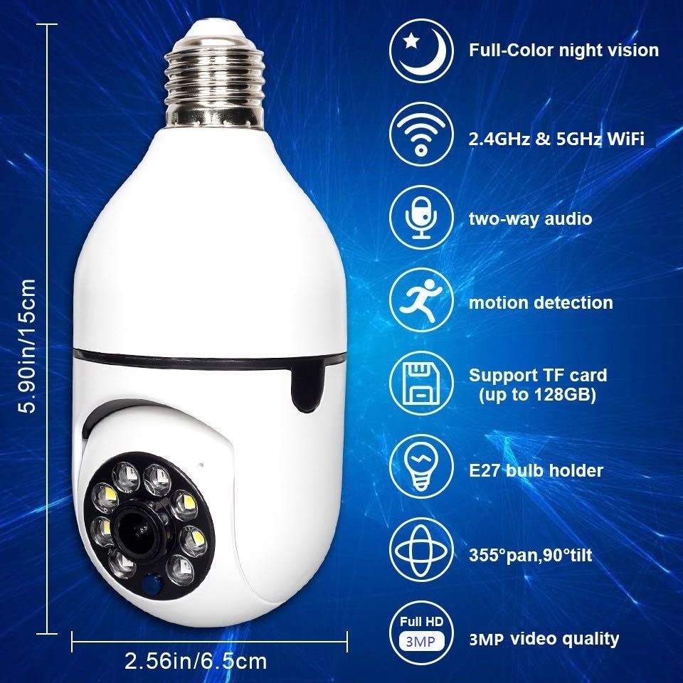 rohxizw 2PCS 3MP Light Bulb Security Camera Wireless Outdoor, 2.4GHz & 5GHz WiFi Indoor Smart Light Socket Cameras for Home Security, 360° Motion Detection and Alerts, 2-Way Audio.