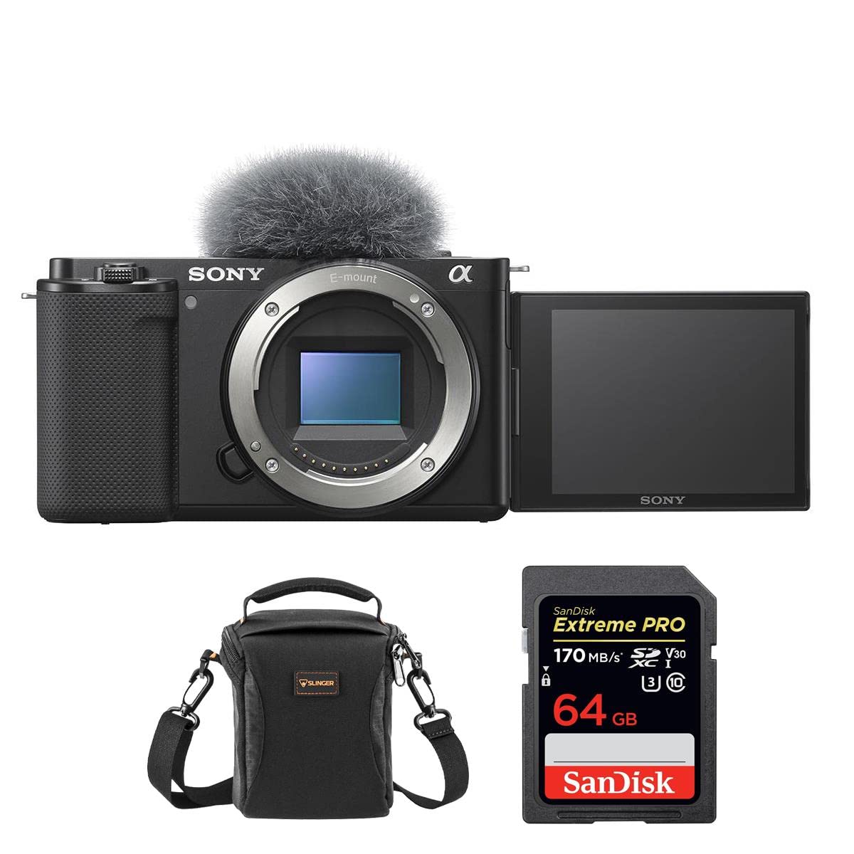 ZV-E10 Mirrorless Camera Body, Black Bundle with, 64GB SD Memory Card, Shoulder Bag