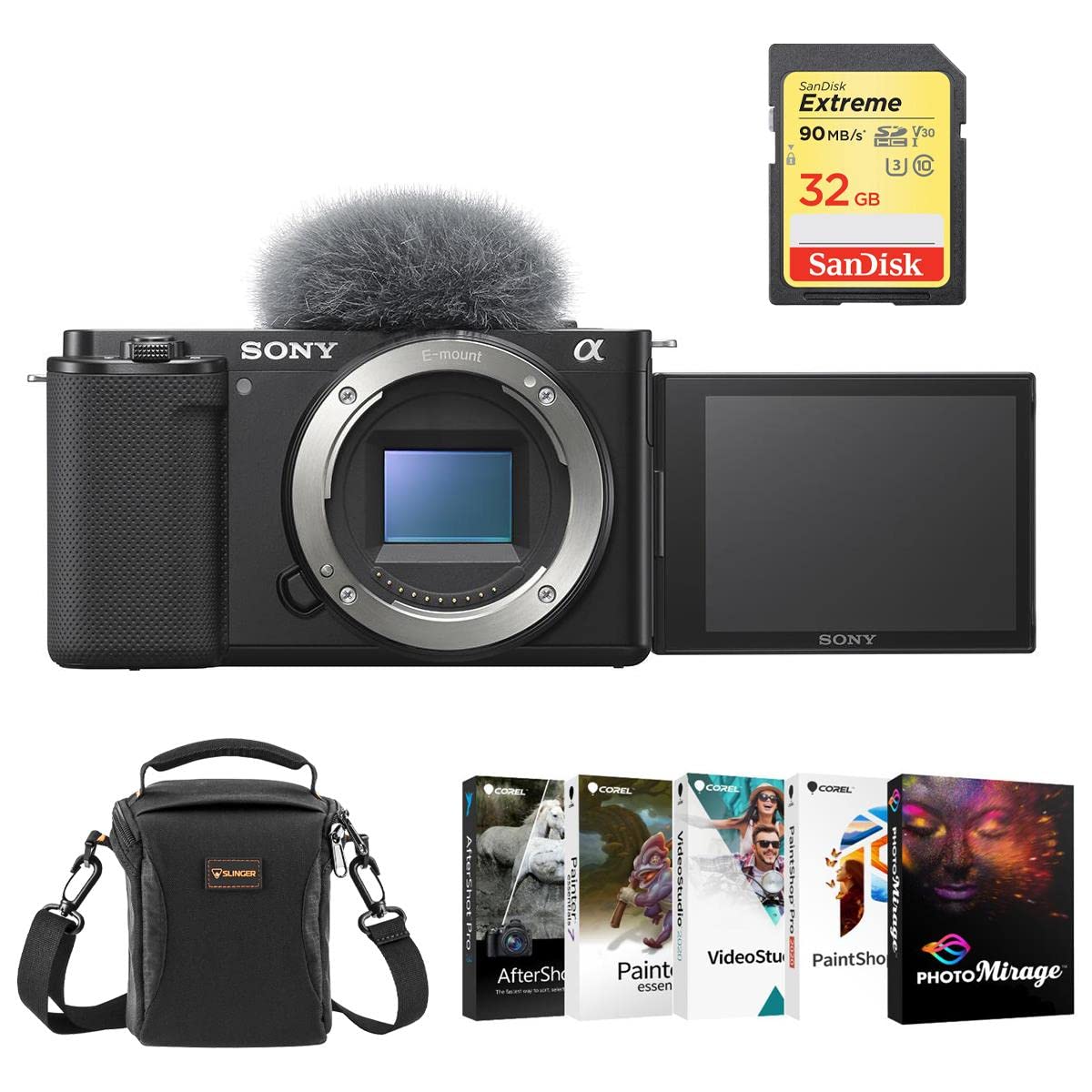 Sony ZV-E10 Mirrorless Camera, Black Bundle with Corel PC Photo & Video Editing Software Suite, 32GB SD Card, Shoulder Bag