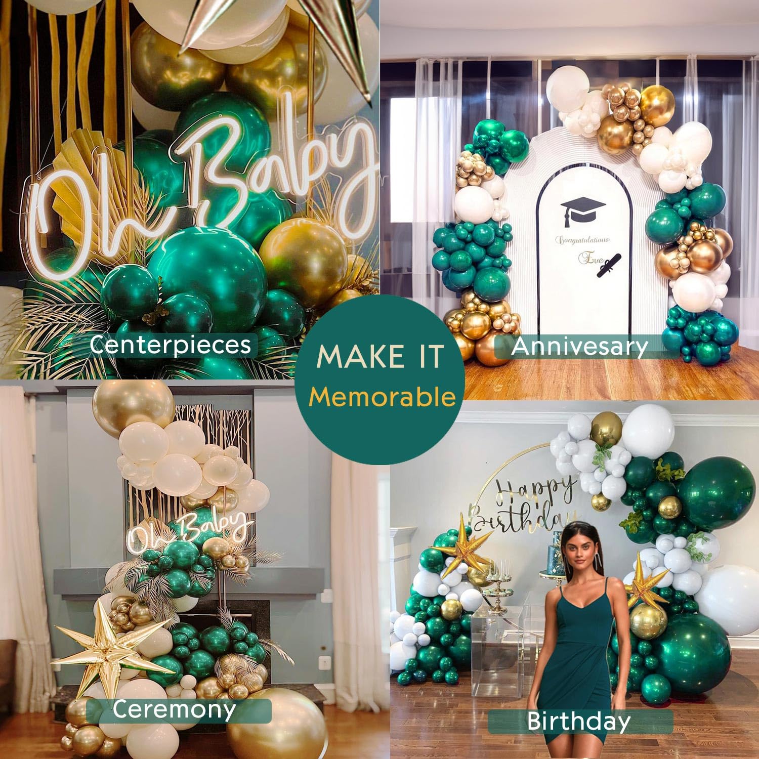 Emerald Green and Gold Balloon Garland Arch Kit 123pcs Double Stuffed Chrome Teal Green Starburst Balloon for luxury Emerald Gold wedding Birthday anniversary graduations Prom Decorations