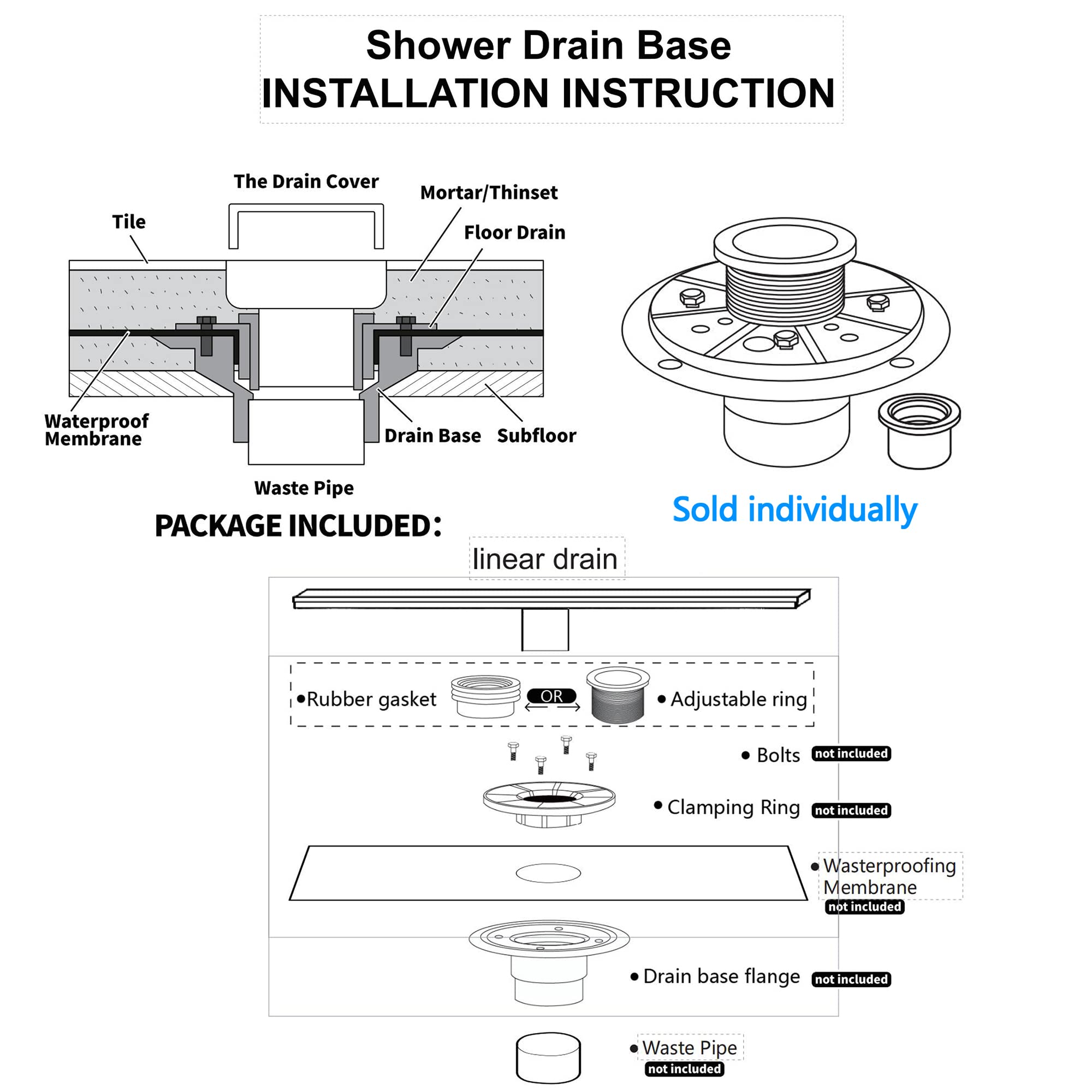 24 inch Linear Shower Drain with Removable Square Hole Panel by Using 304 Stainless Steel Process, Linear Drain Equipped with Adjustable Feet and Hair Strainer（Matte Black Color）