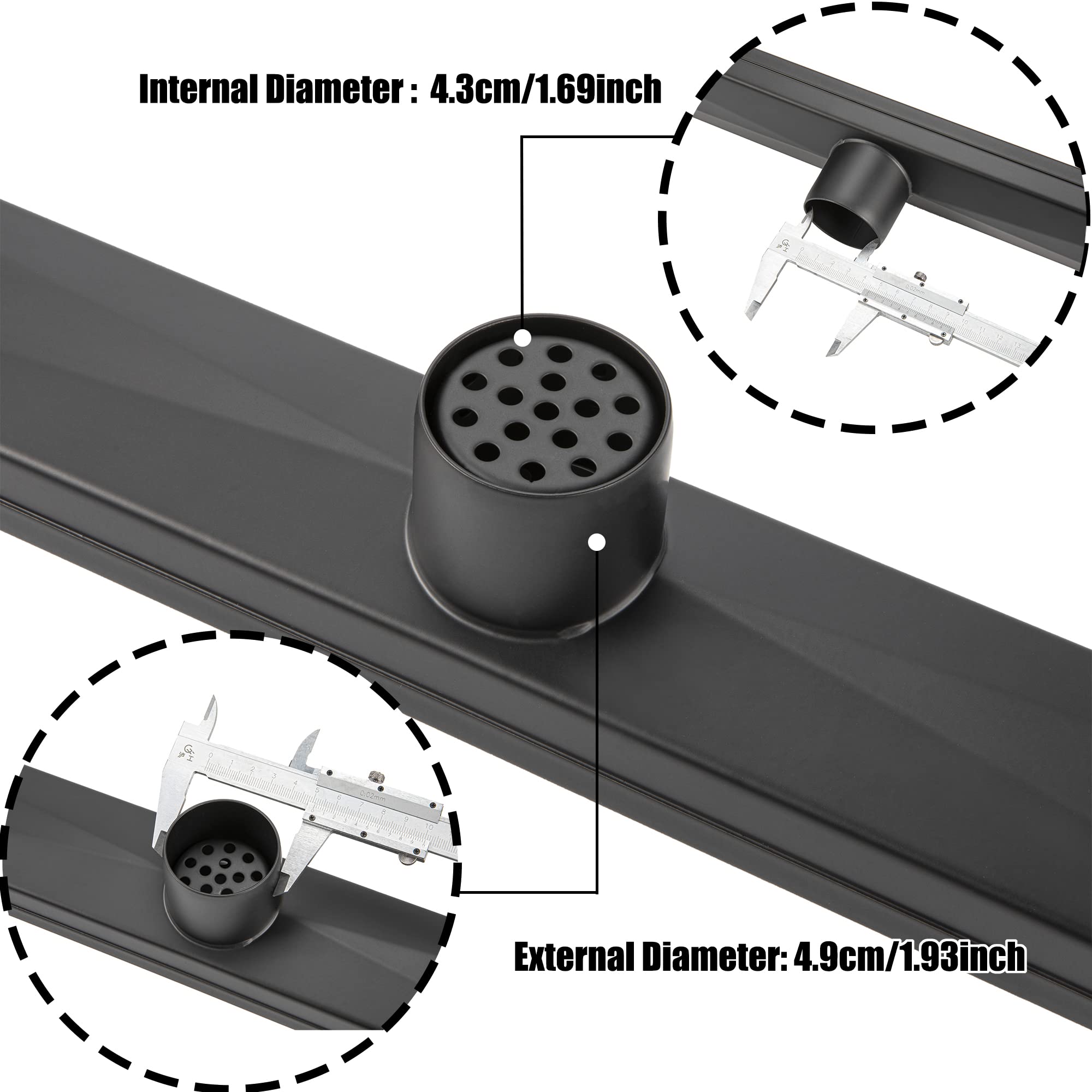 24 inch Linear Shower Drain with Removable Square Hole Panel by Using 304 Stainless Steel Process, Linear Drain Equipped with Adjustable Feet and Hair Strainer（Matte Black Color）