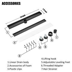 24 inch Linear Shower Drain with Removable Square Hole Panel by Using 304 Stainless Steel Process, Linear Drain Equipped with Adjustable Feet and Hair Strainer（Matte Black Color）