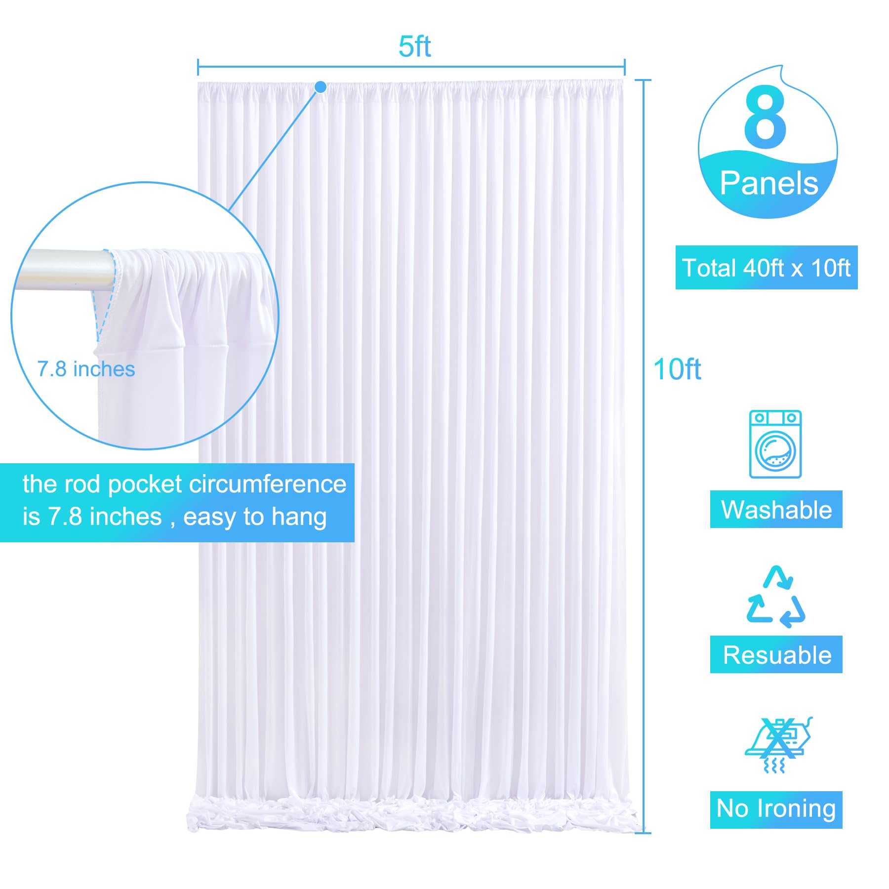 8 Panels White Backdrop Curtain for Parties Wedding Wrinkle Free White Photo Curtains Backdrops Drapes Fabric Decoration for Baby Shower Birthday Party 40ft(W) x 10ft(H)