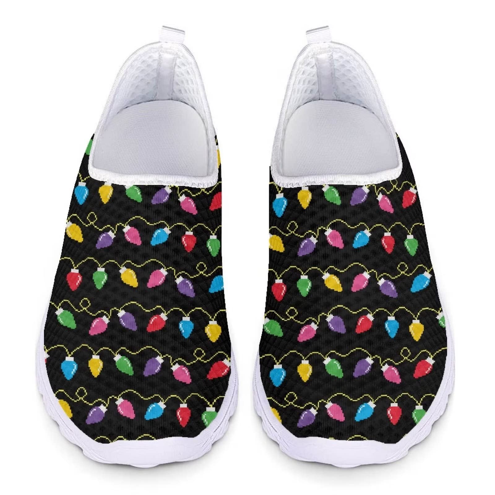 Biyejit Christmas Light Pattern Women Lightweight Slip On Tennis Shoes Non Slip Gym Workout Shoes Quick Dry Beach Water Shoes Xmas Flats