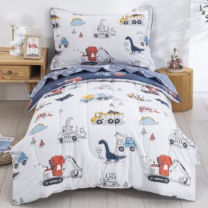 djy 4 pieces cotton toddler bedding set, dinosaur cars reversible toddler bed comforter set for kids boys girls, includes quilted comforter, flat sheet, fitted sheet and pillowcase