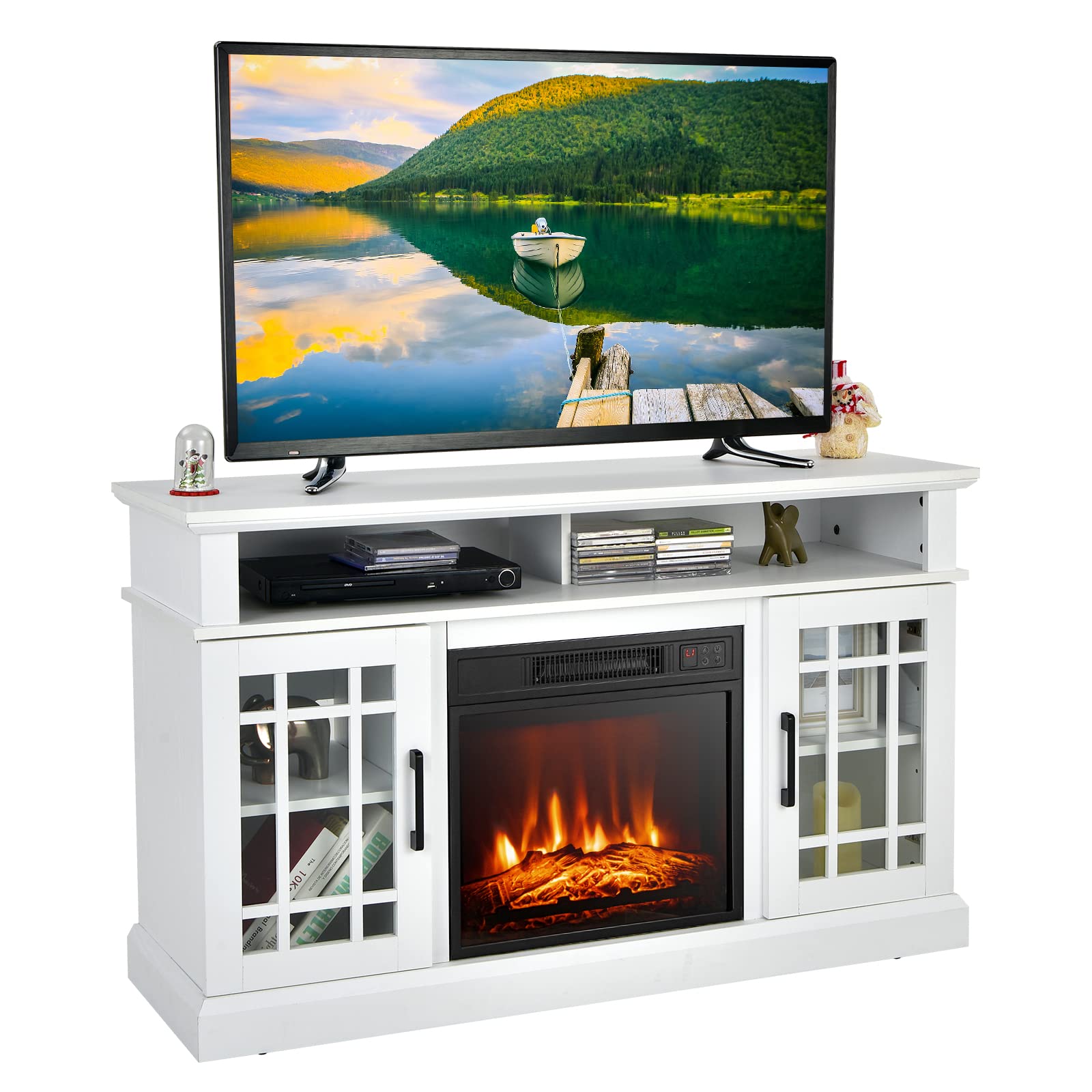 GOFLAME Fireplace TV Stand for TV up to 55 Inches, Freestanding Wood Entertainment Center with 18" Electric Fireplace, 48" TV Console Table with 2 Open Storage Compartments and 2-Door Cabinet, White