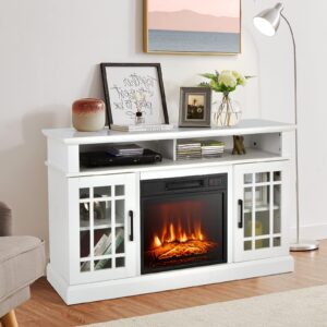 GOFLAME Fireplace TV Stand for TV up to 55 Inches, Freestanding Wood Entertainment Center with 18" Electric Fireplace, 48" TV Console Table with 2 Open Storage Compartments and 2-Door Cabinet, White