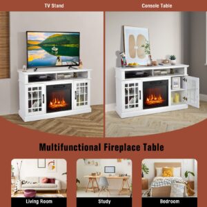 GOFLAME Fireplace TV Stand for TV up to 55 Inches, Freestanding Wood Entertainment Center with 18" Electric Fireplace, 48" TV Console Table with 2 Open Storage Compartments and 2-Door Cabinet, White