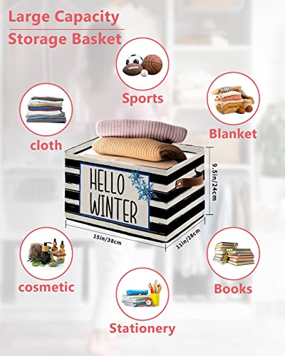 Large Storage Baskets Bins 2 Pack Hello Winter Snowflake Collapsible Storage Box Laundry Organizer for Closet Shelf Nursery Kids Bedroom Christmas Black Striped