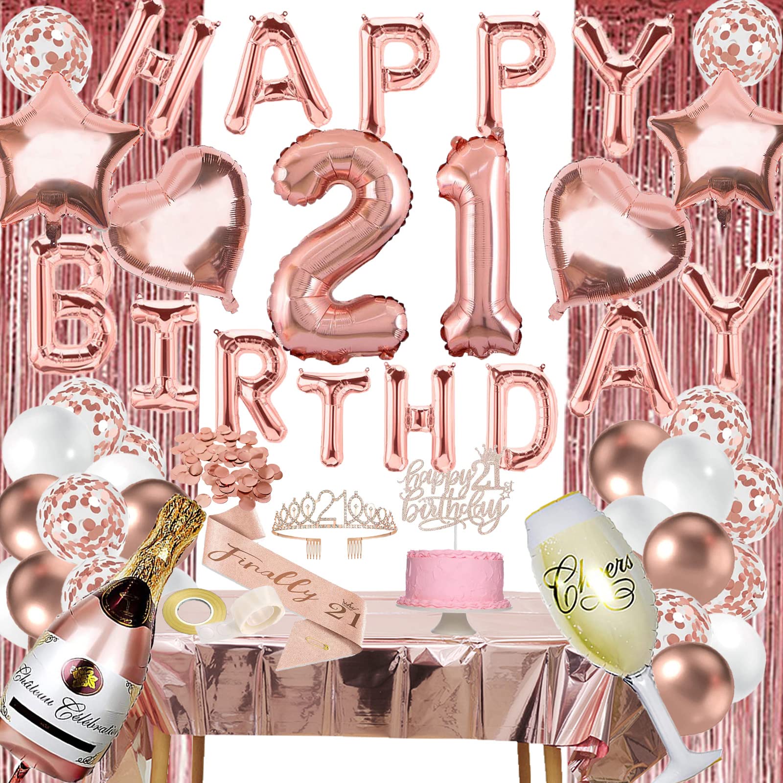 21st Birthday Decorations for Her - Rose Gold 21 Birthday Party Decor, Happy Birthday Banner, Table Cloth, Cake Topper, Bday Sash and Tiara Crown, Balloons Set for Twenty One Years Old Party Supplies