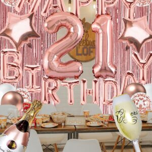 21st Birthday Decorations for Her - Rose Gold 21 Birthday Party Decor, Happy Birthday Banner, Table Cloth, Cake Topper, Bday Sash and Tiara Crown, Balloons Set for Twenty One Years Old Party Supplies