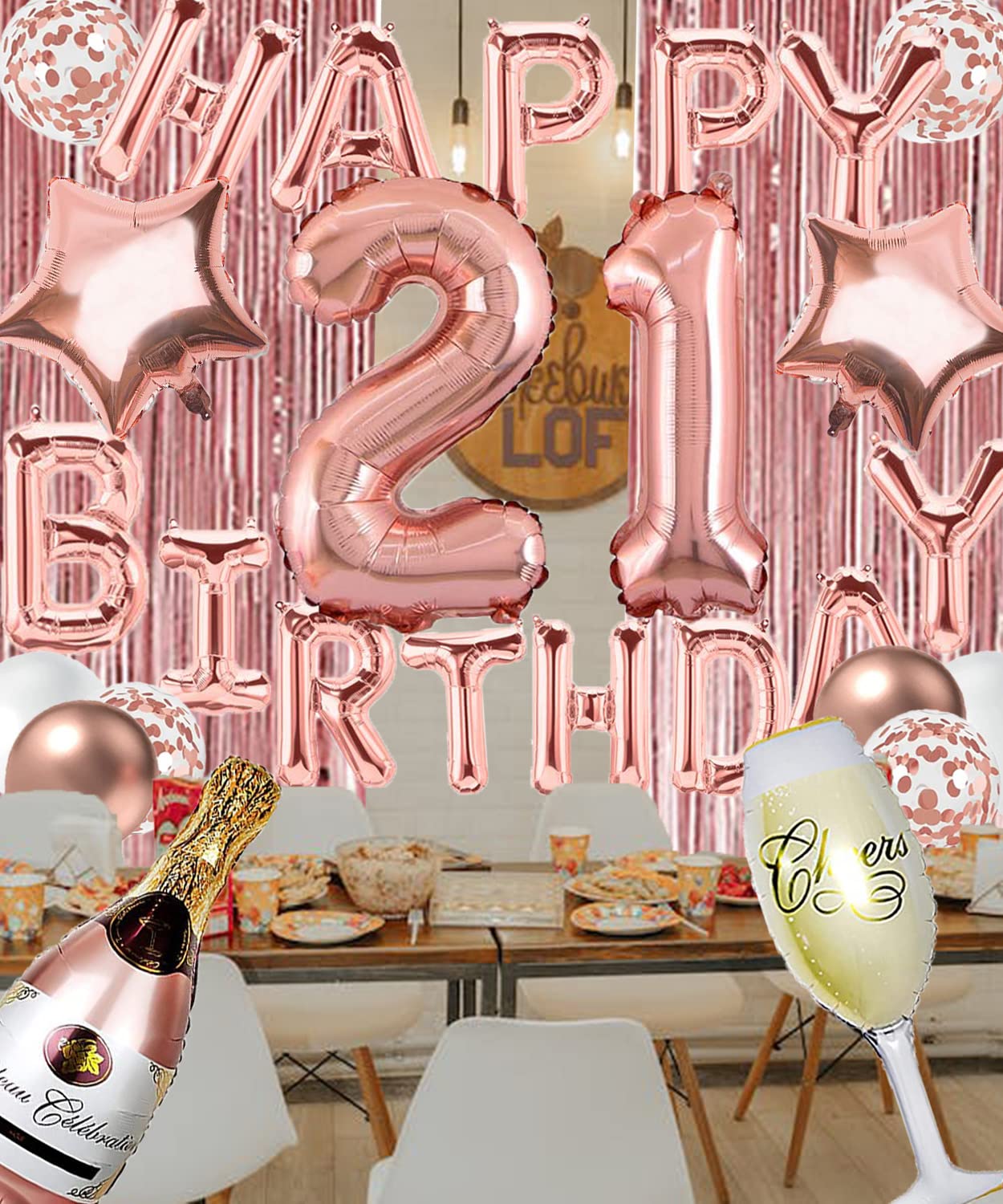 21st Birthday Decorations for Her - Rose Gold 21 Birthday Party Decor, Happy Birthday Banner, Table Cloth, Cake Topper, Bday Sash and Tiara Crown, Balloons Set for Twenty One Years Old Party Supplies