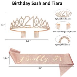 21st Birthday Decorations for Her - Rose Gold 21 Birthday Party Decor, Happy Birthday Banner, Table Cloth, Cake Topper, Bday Sash and Tiara Crown, Balloons Set for Twenty One Years Old Party Supplies