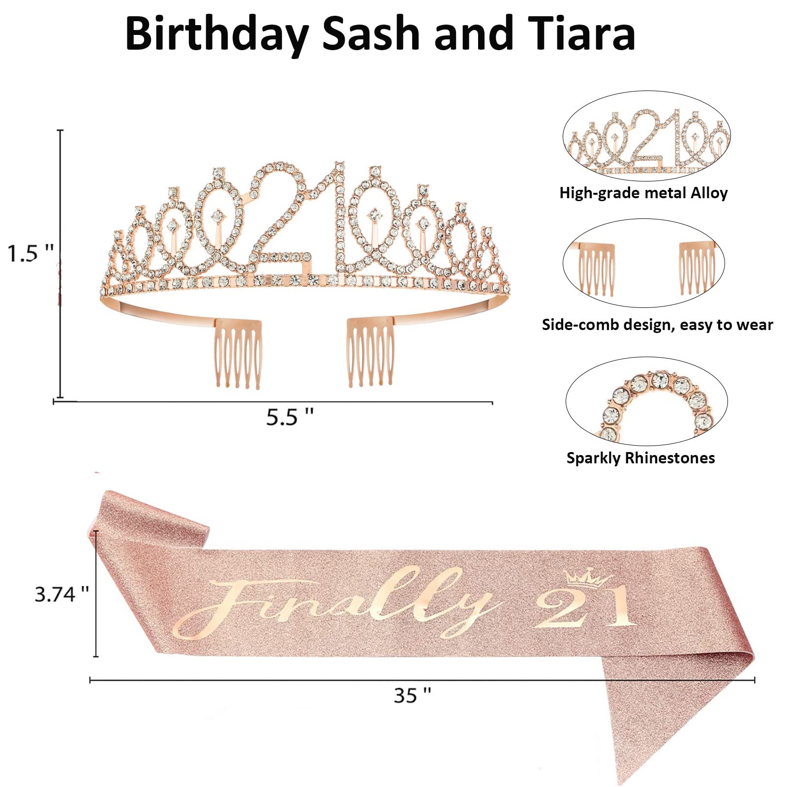 21st Birthday Decorations for Her - Rose Gold 21 Birthday Party Decor, Happy Birthday Banner, Table Cloth, Cake Topper, Bday Sash and Tiara Crown, Balloons Set for Twenty One Years Old Party Supplies