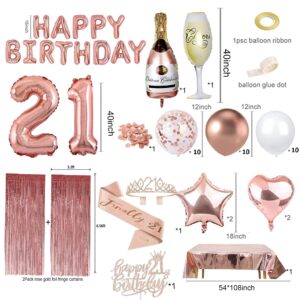 21st Birthday Decorations for Her - Rose Gold 21 Birthday Party Decor, Happy Birthday Banner, Table Cloth, Cake Topper, Bday Sash and Tiara Crown, Balloons Set for Twenty One Years Old Party Supplies