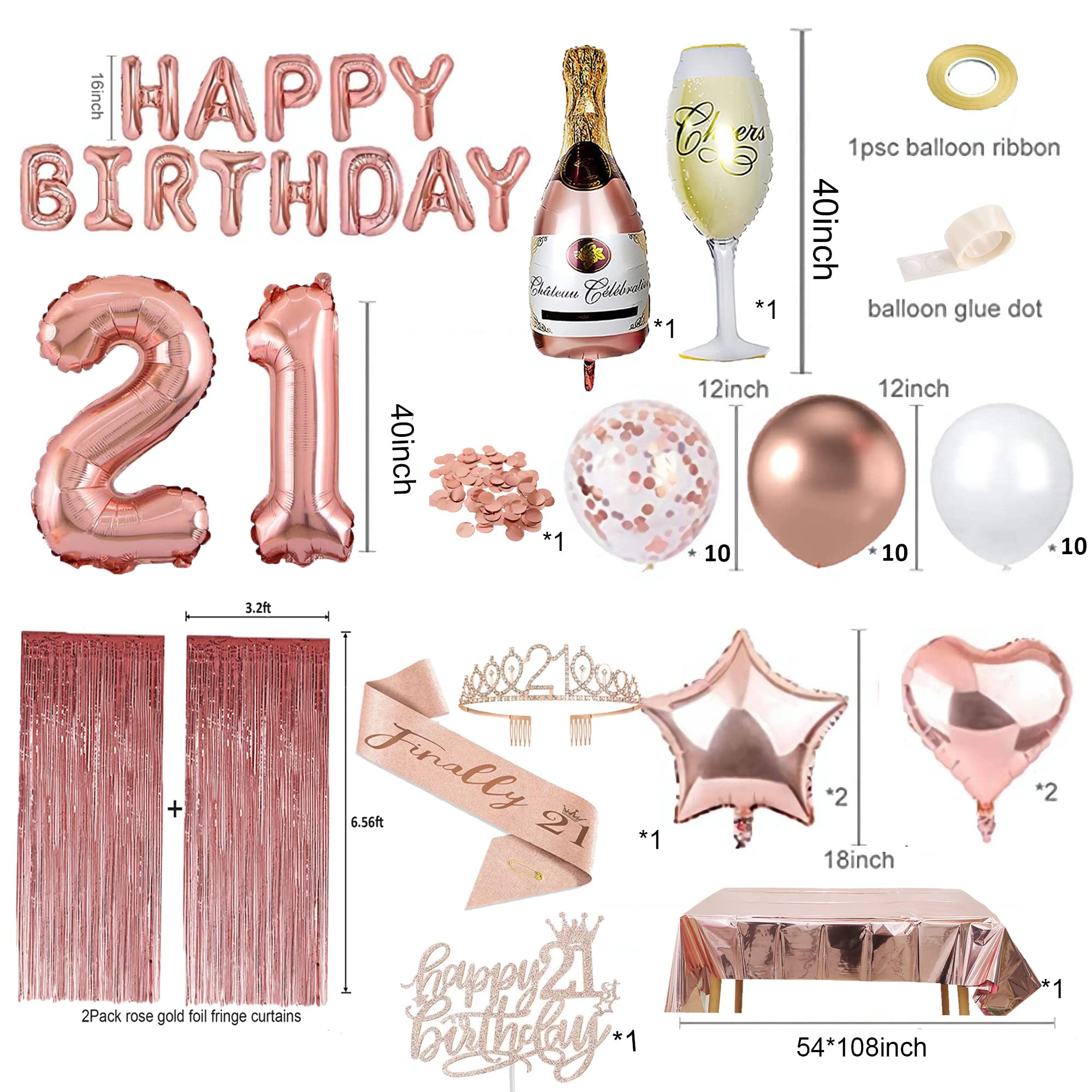 21st Birthday Decorations for Her - Rose Gold 21 Birthday Party Decor, Happy Birthday Banner, Table Cloth, Cake Topper, Bday Sash and Tiara Crown, Balloons Set for Twenty One Years Old Party Supplies