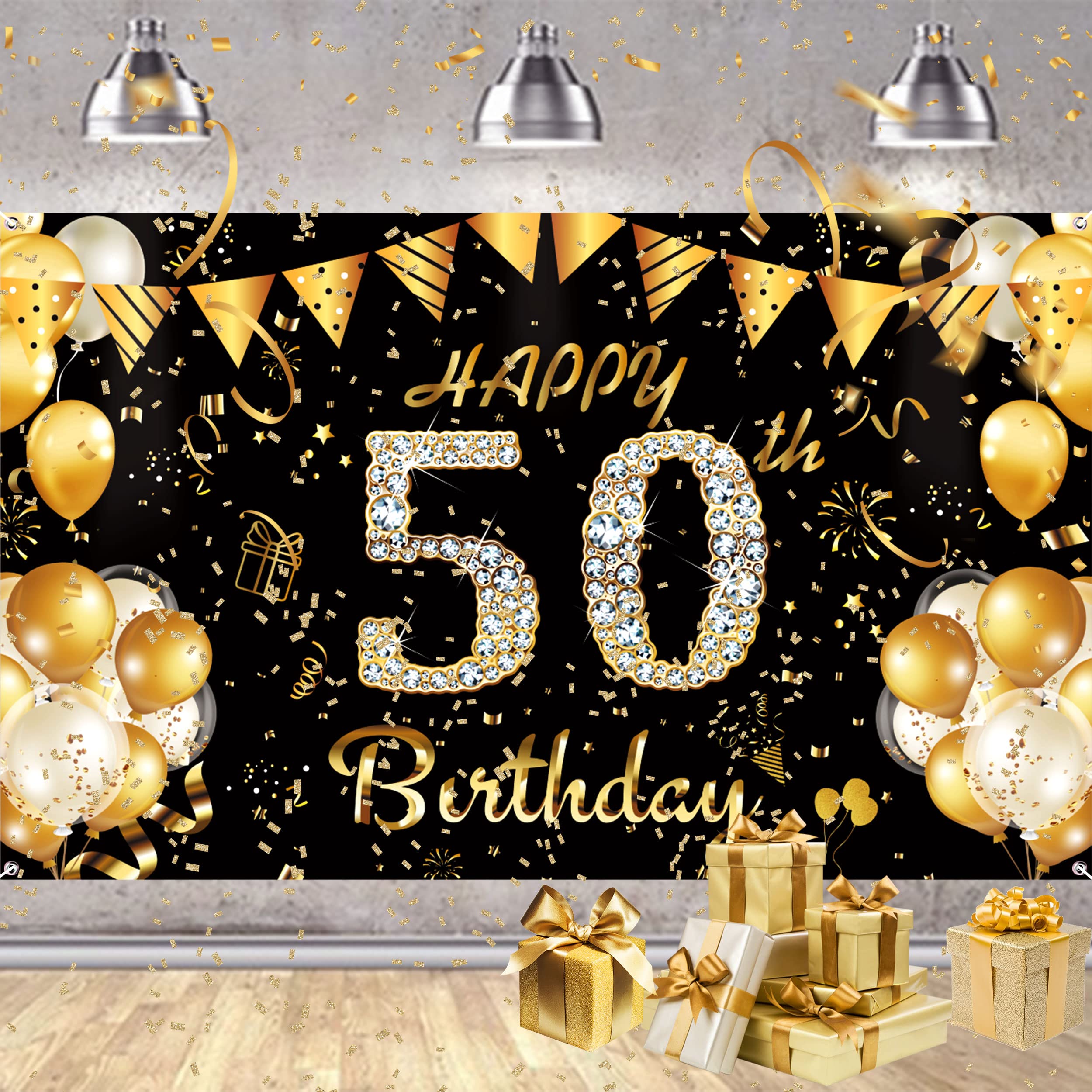 50th Birthday Backdrop Banner, Large Black Gold Happy 50th Birthday Banner, Men Women 50th Birthday Party Decorations, Cheers to 50 Years Banner for Garden Table Wall Decoration Outdoor Indoor