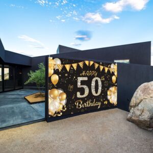 50th Birthday Backdrop Banner, Large Black Gold Happy 50th Birthday Banner, Men Women 50th Birthday Party Decorations, Cheers to 50 Years Banner for Garden Table Wall Decoration Outdoor Indoor