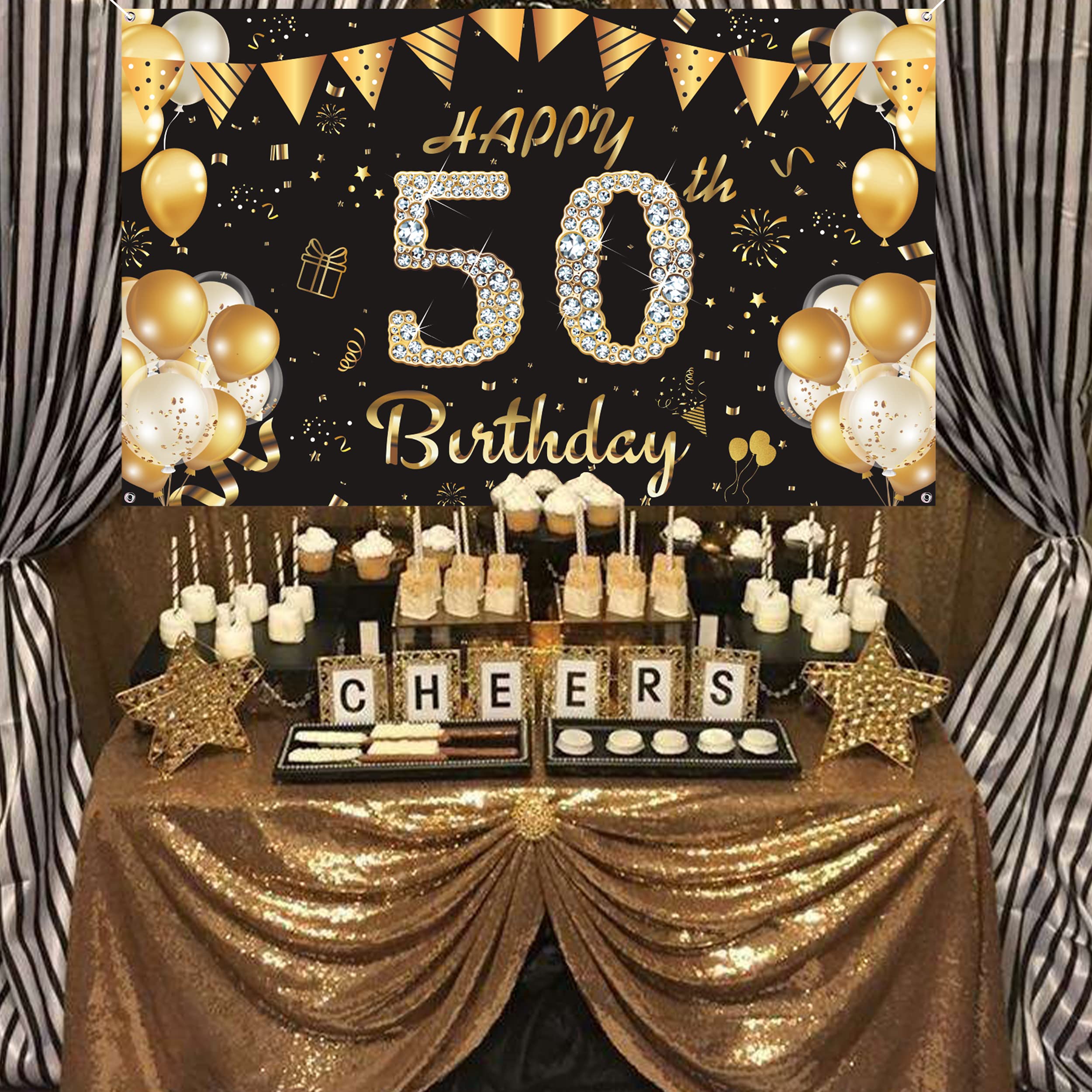 50th Birthday Backdrop Banner, Large Black Gold Happy 50th Birthday Banner, Men Women 50th Birthday Party Decorations, Cheers to 50 Years Banner for Garden Table Wall Decoration Outdoor Indoor