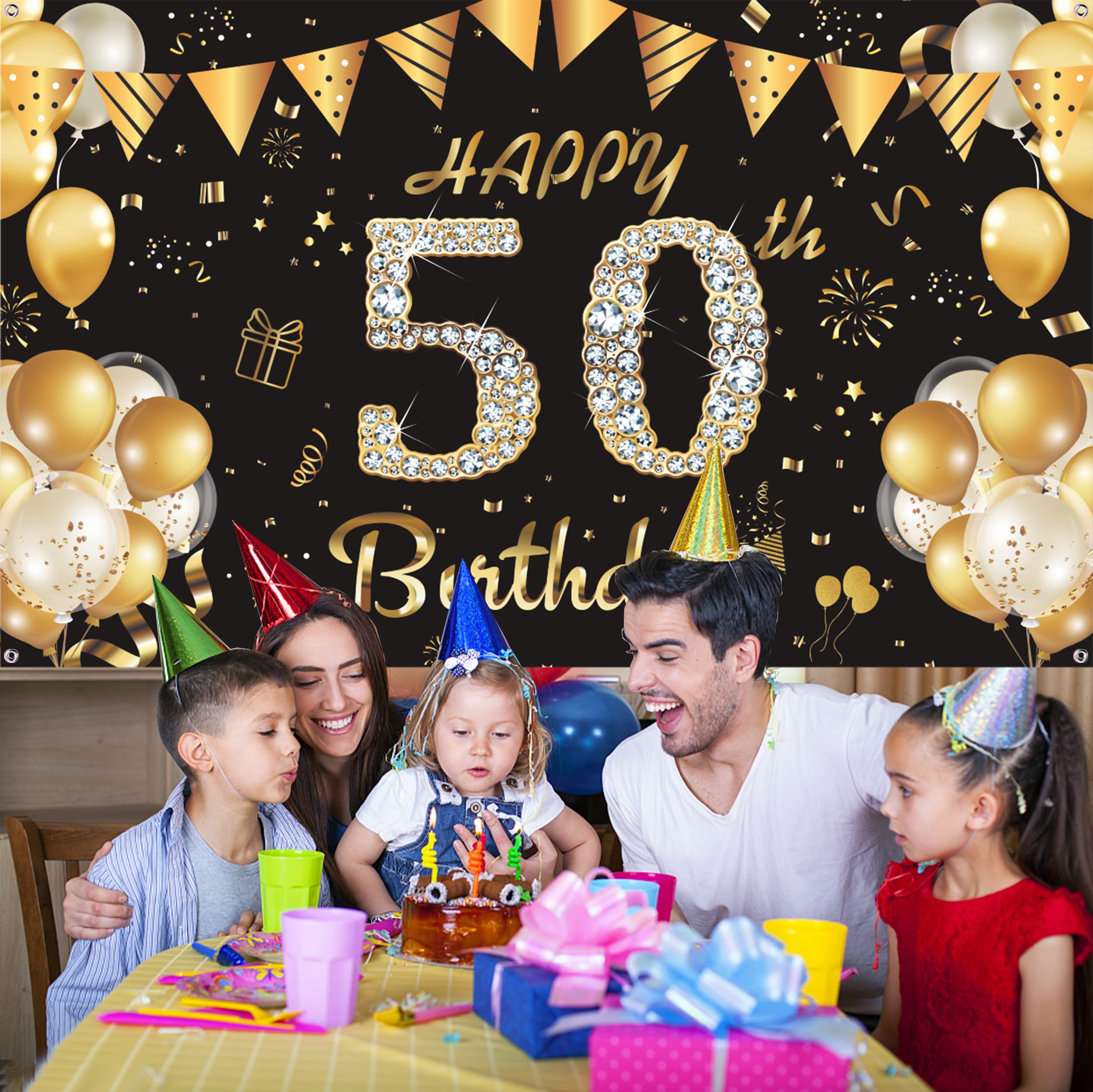 50th Birthday Backdrop Banner, Large Black Gold Happy 50th Birthday Banner, Men Women 50th Birthday Party Decorations, Cheers to 50 Years Banner for Garden Table Wall Decoration Outdoor Indoor