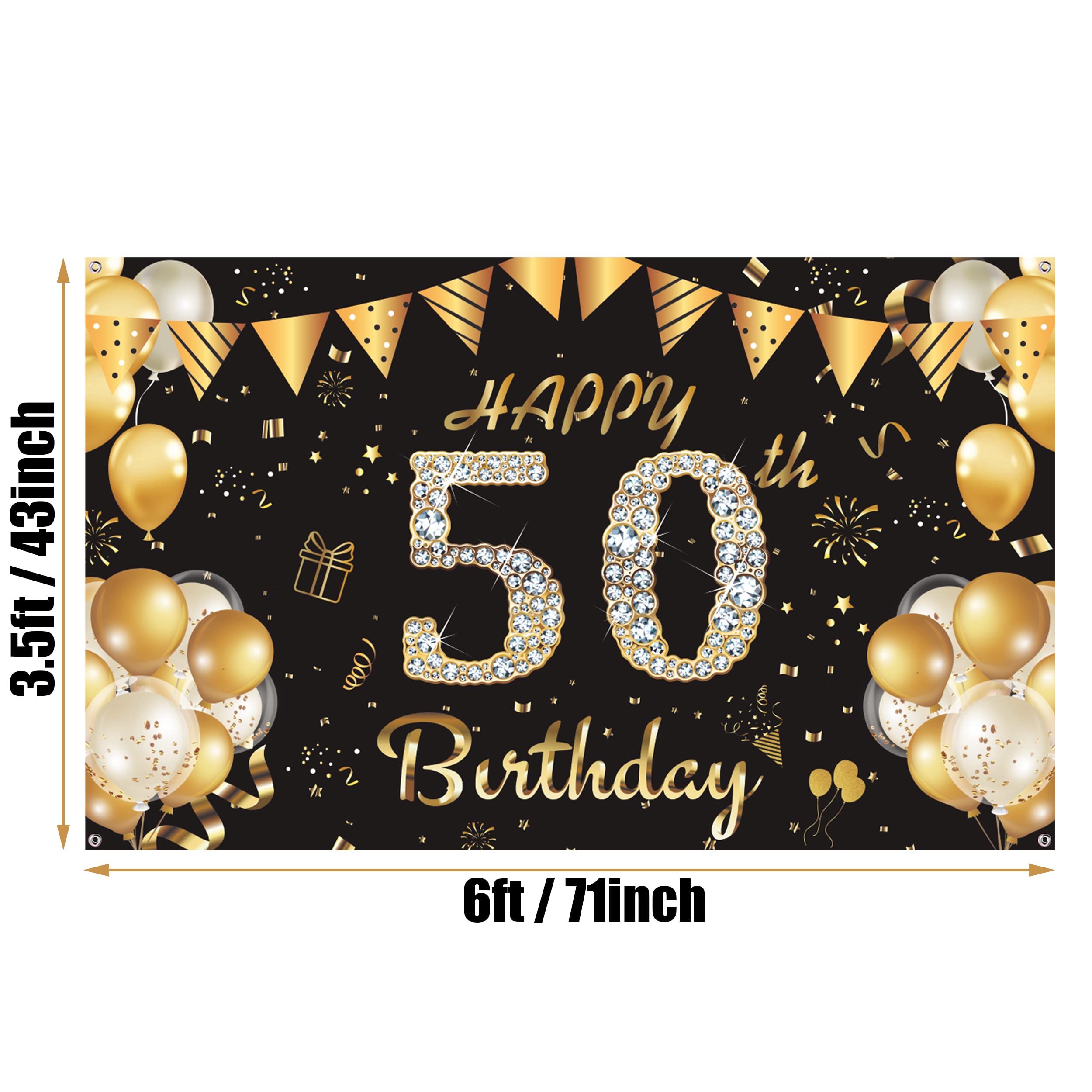 50th Birthday Backdrop Banner, Large Black Gold Happy 50th Birthday Banner, Men Women 50th Birthday Party Decorations, Cheers to 50 Years Banner for Garden Table Wall Decoration Outdoor Indoor