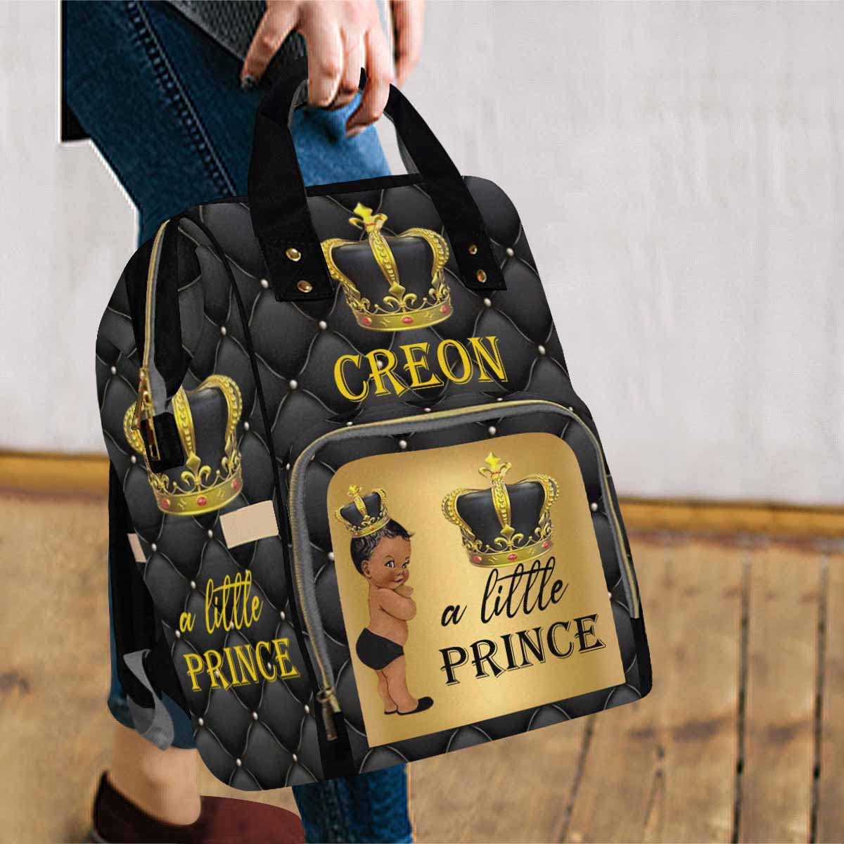 InterestPrint Custom Name Diaper Bag Customized Little Prince Black Gold Backpack Personalized Laptop Backpack with Name Nursing Bags Fashion Shoulders Bag Casual Daypack Travel Bag for Women