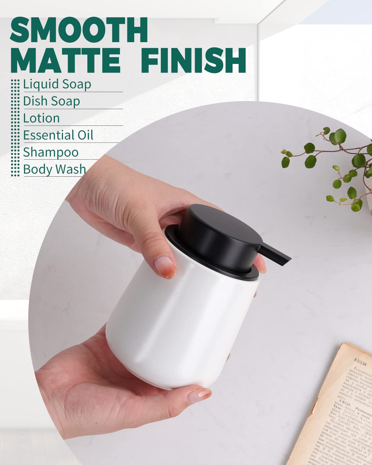 Bosilunlife Liquid Soap Dispenser - 12Oz Lotion Dispenser with Pump Matte White Ceramic Soap Dispenser Bathroom Dish Hand Soap Dispenser for Kitchen Pump Dispenser