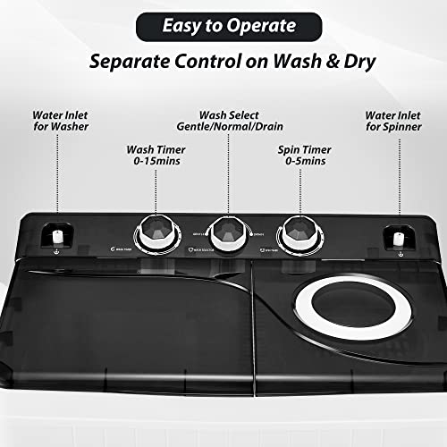 Homguava Portable Washing Machine 26Lbs Capacity Washer and Dryer Combo 2 In 1 Twin Tub Laundry Washer(18Lbs) & Spinner(8Lbs) with Built-in Gravity Drain Pump,for Apartment,Dorms,RV Camping (BLACK)