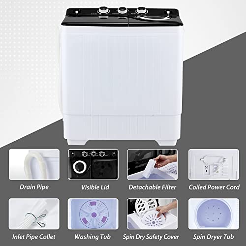 Homguava Portable Washing Machine 26Lbs Capacity Washer and Dryer Combo 2 In 1 Twin Tub Laundry Washer(18Lbs) & Spinner(8Lbs) with Built-in Gravity Drain Pump,for Apartment,Dorms,RV Camping (BLACK)