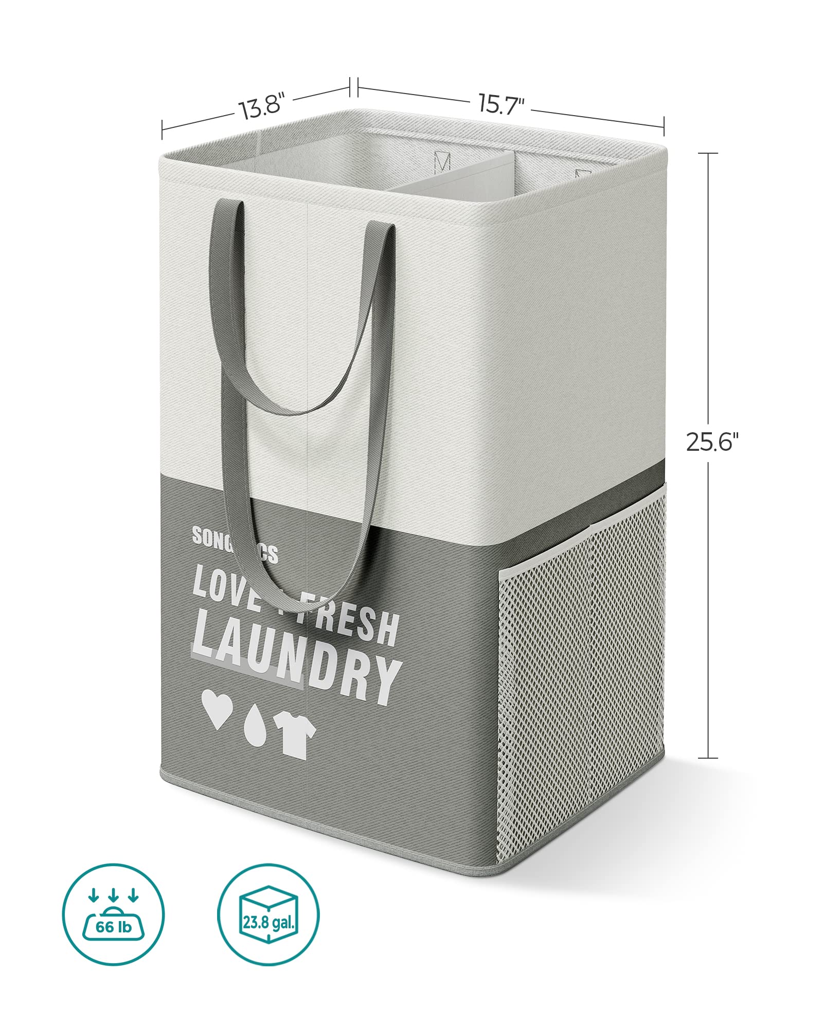 SONGMICS Laundry Baskets, Laundry Hamper with 2 Compartments, 23.8 Gallon (90L) Set of 2 Collapsible Water-Repellent Clothes Hampers, Tall Laundry Bag for Bedroom Bathroom, Dark Gray ULCB209G22