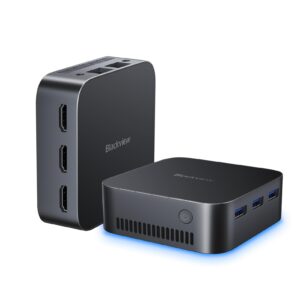 blackview mp80 mini pc intel 12th n95(up to 3.4ghz), 16gb lpddr5 512gb m.2 ssd mini desktop computers windows 11 pro, support dual lan, 3 hdmi, 2.4/5g wifi, 4k uhd