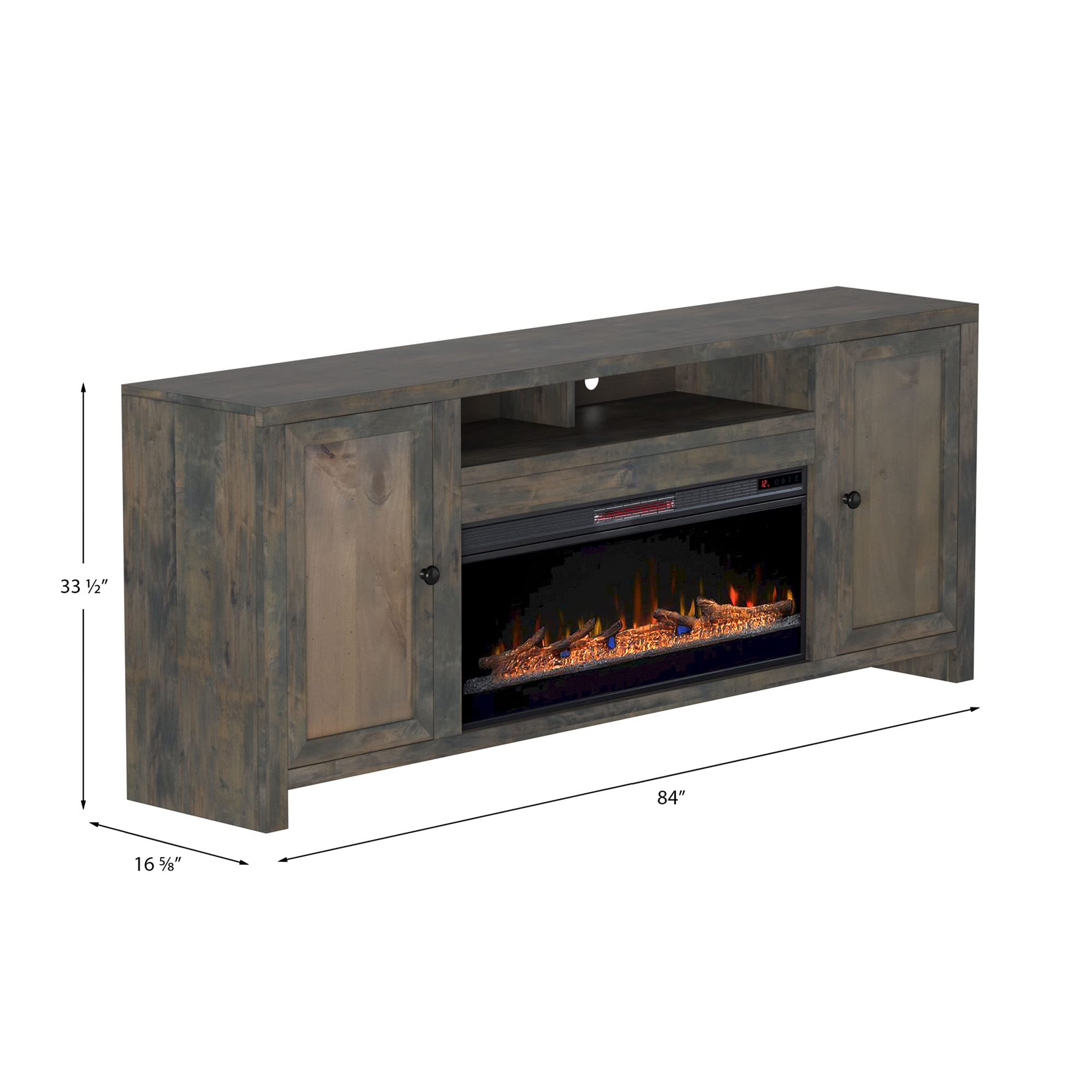 Bridgevine Home Rustic Joshua Creek Fireplace TV Stand Entertainment Center, Accommodates TVs up to 95 Inches, Fully Assembled Knotty Alder Solid Wood, 83 Inches, Barnwood Finish