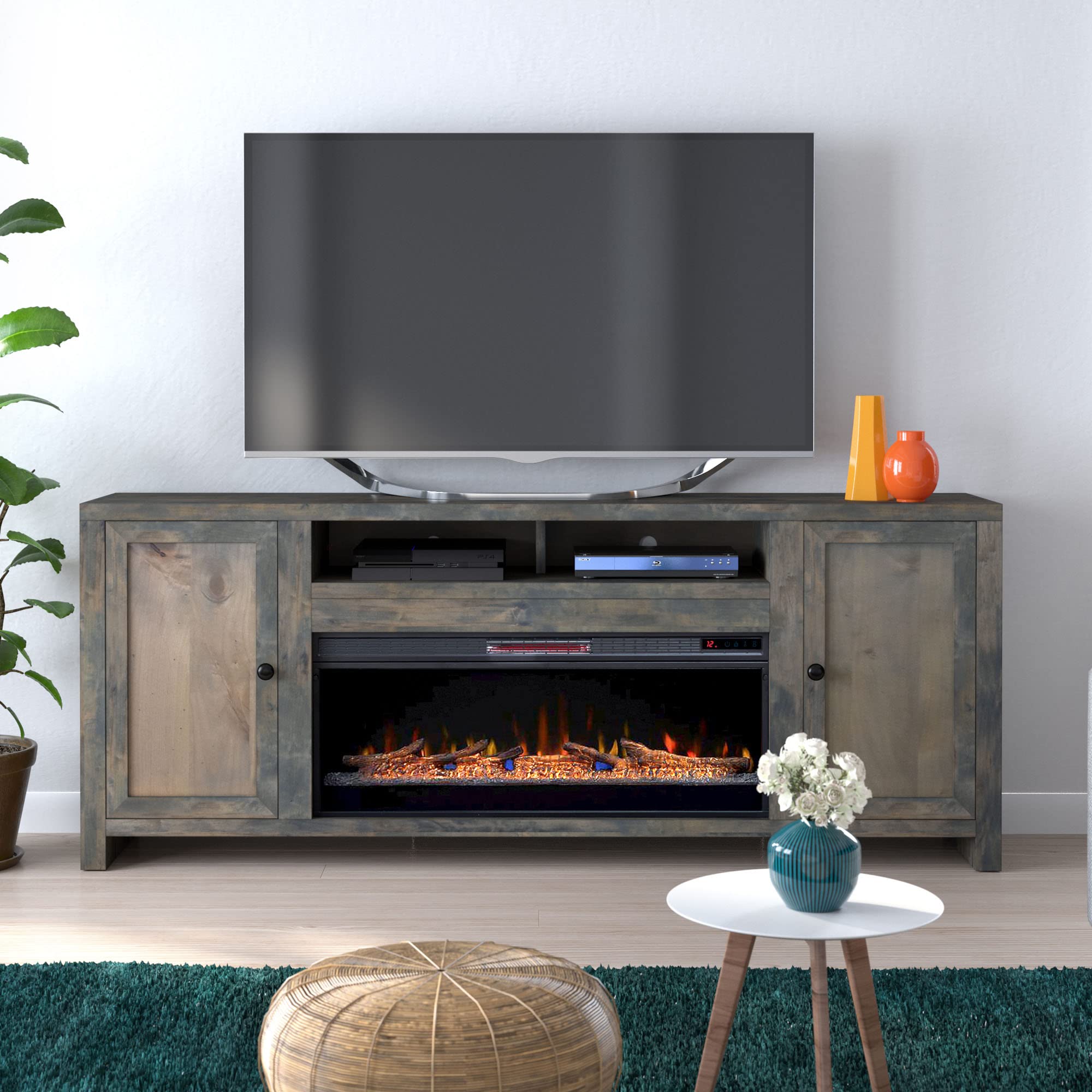 Bridgevine Home Rustic Joshua Creek Fireplace TV Stand Entertainment Center, Accommodates TVs up to 95 Inches, Fully Assembled Knotty Alder Solid Wood, 83 Inches, Barnwood Finish