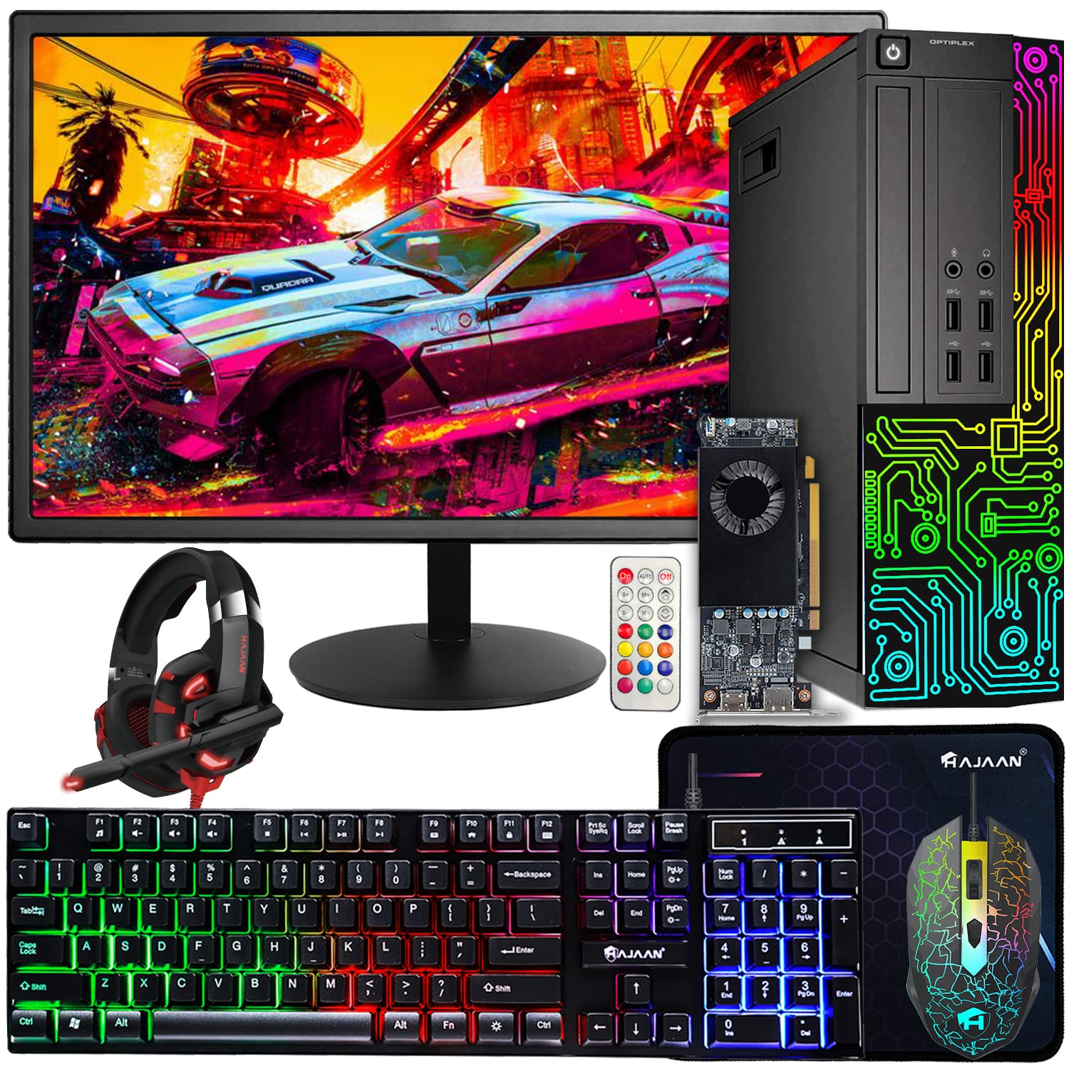 Dell Gaming OptiPlex Desktop RGB Computer PC, Intel Core i7, AMD RX 550 4GB GDDR5, 16GB RAM, 512GB SSD, 24 Inch HDMI Monitor, RGB Keyboard Mouse and Headset, WiFi, Windows 10 Pro (Renewed)