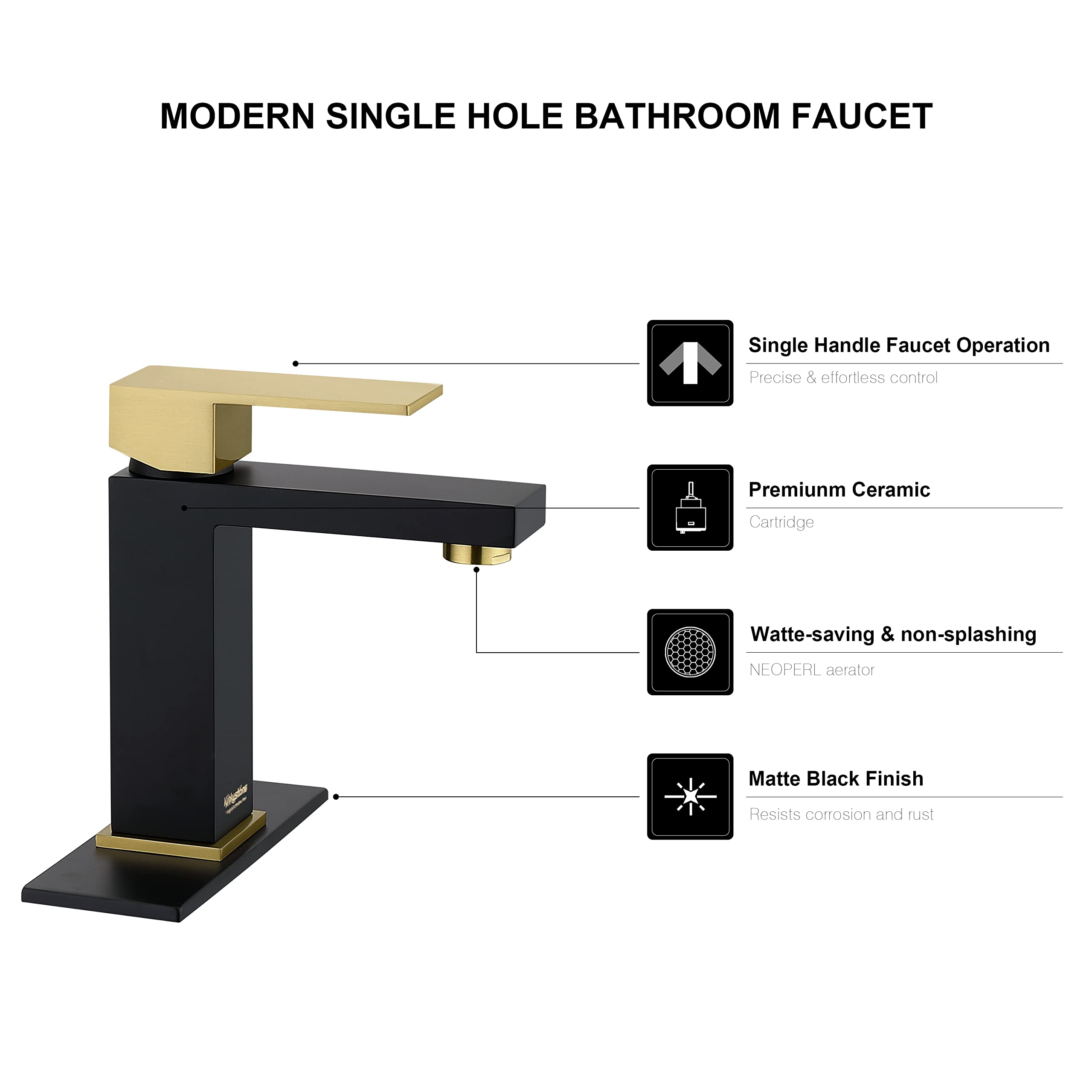 KirlystonE Black and Gold Bathroom Faucet, Modern Single Handle Square Vanity Faucet with Pop-up Drain for 1-Hole and 3-Hole Bathroom Sink Installation