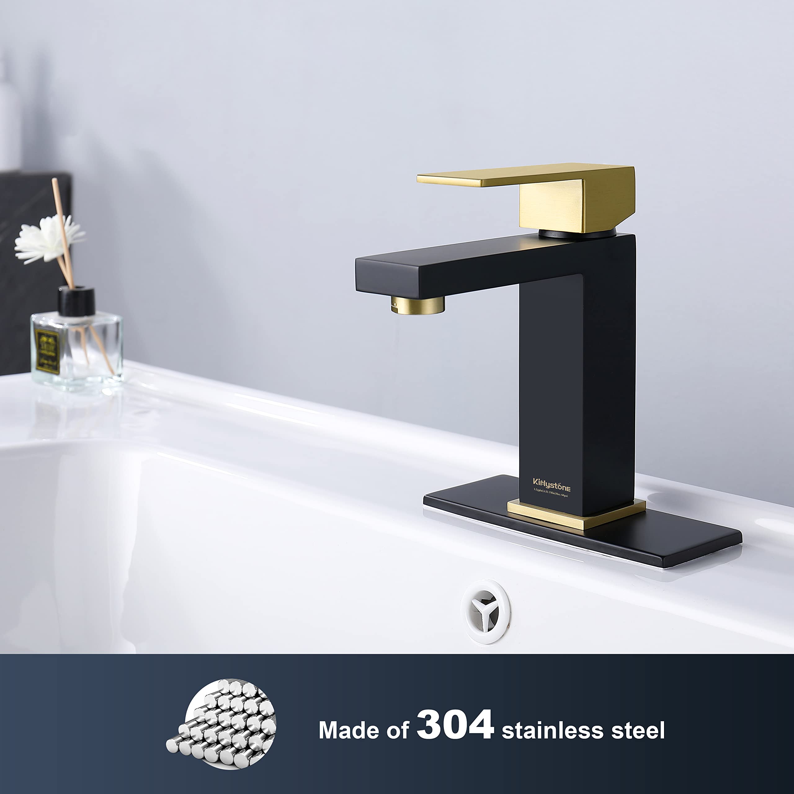 KirlystonE Black and Gold Bathroom Faucet, Modern Single Handle Square Vanity Faucet with Pop-up Drain for 1-Hole and 3-Hole Bathroom Sink Installation