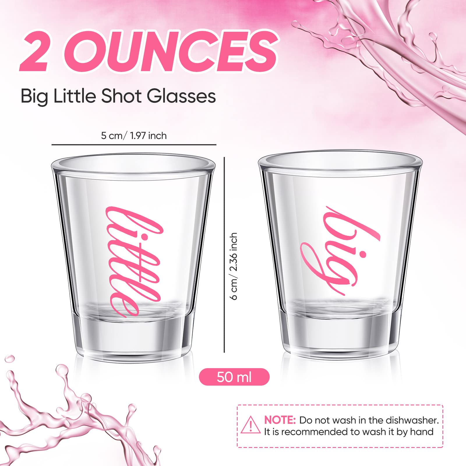 Lounsweer 2 Pcs Sorority Big Little Shot Glasses with Thick Base Big Little Sorority Gifts 2 oz Tequila Shot Glasses Mini Glass Cups Clear Shot Glass for Big Sister Little Sister Glassware(Pink)