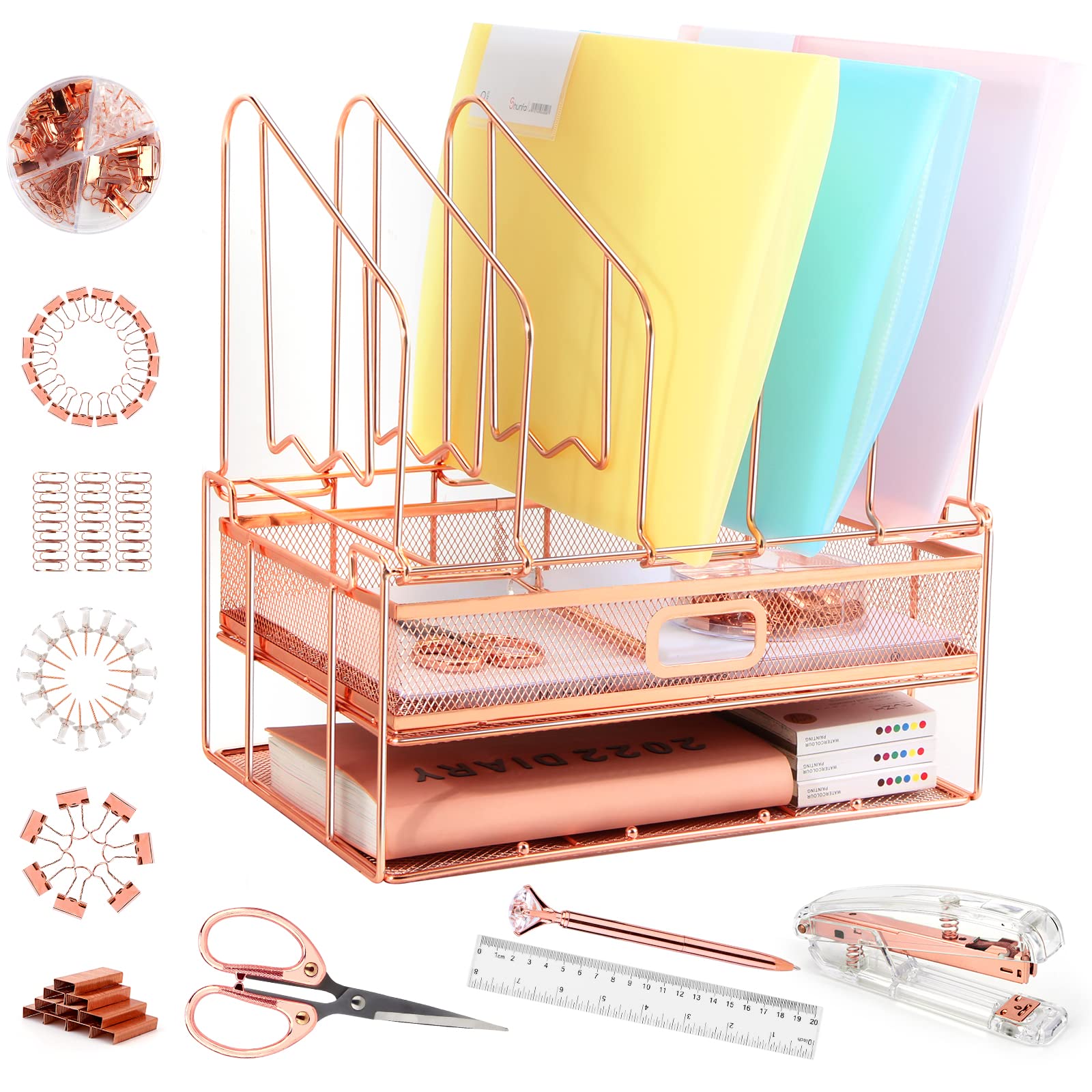 Rose Gold Desk Organizers and Accessories with 5 Vertical File Folder Holders & Sliding Drawer, Cute Office Supplies for Women, Desk File Organizer, Binder Holder for Desk, Binder Holder for Desk