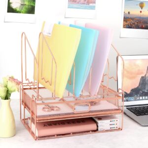 Rose Gold Desk Organizers and Accessories with 5 Vertical File Folder Holders & Sliding Drawer, Cute Office Supplies for Women, Desk File Organizer, Binder Holder for Desk, Binder Holder for Desk