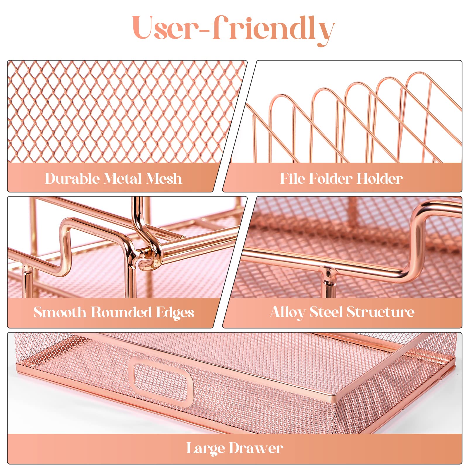 Rose Gold Desk Organizers and Accessories with 5 Vertical File Folder Holders & Sliding Drawer, Cute Office Supplies for Women, Desk File Organizer, Binder Holder for Desk, Binder Holder for Desk